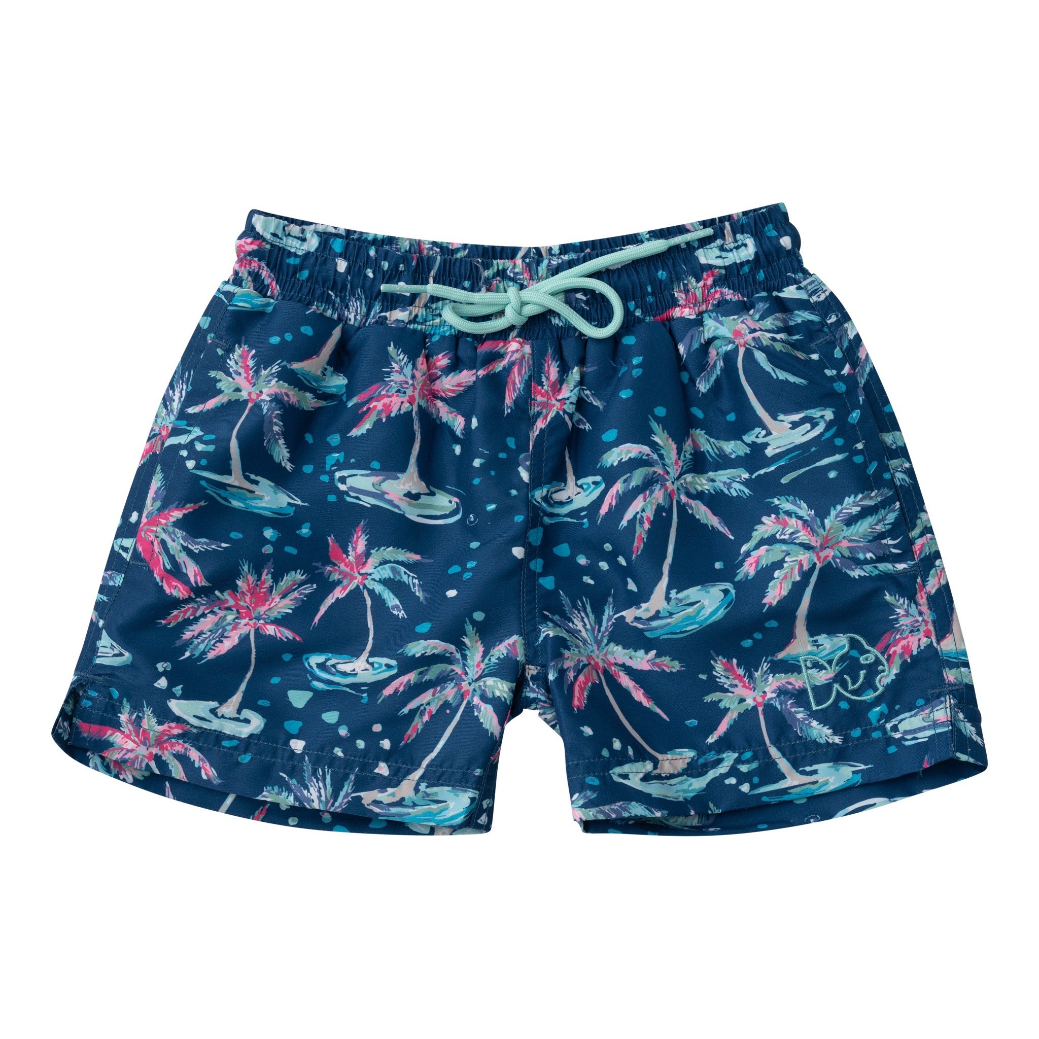 Boys Dark Blue Palm Tree Print No Chafe Swim Trunk | PRODOH